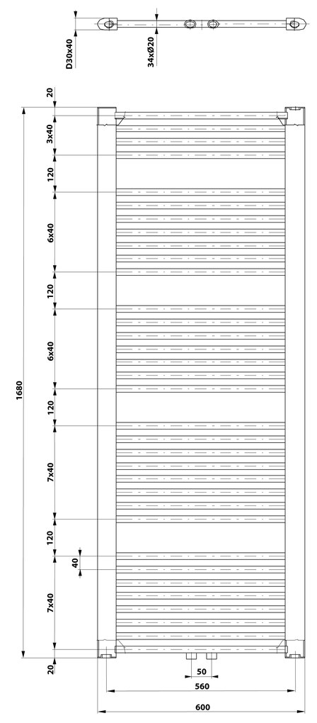 Aqualine DIRECT otopné těleso se středovým připojením, 600x1680 mm, bílá ELM66T