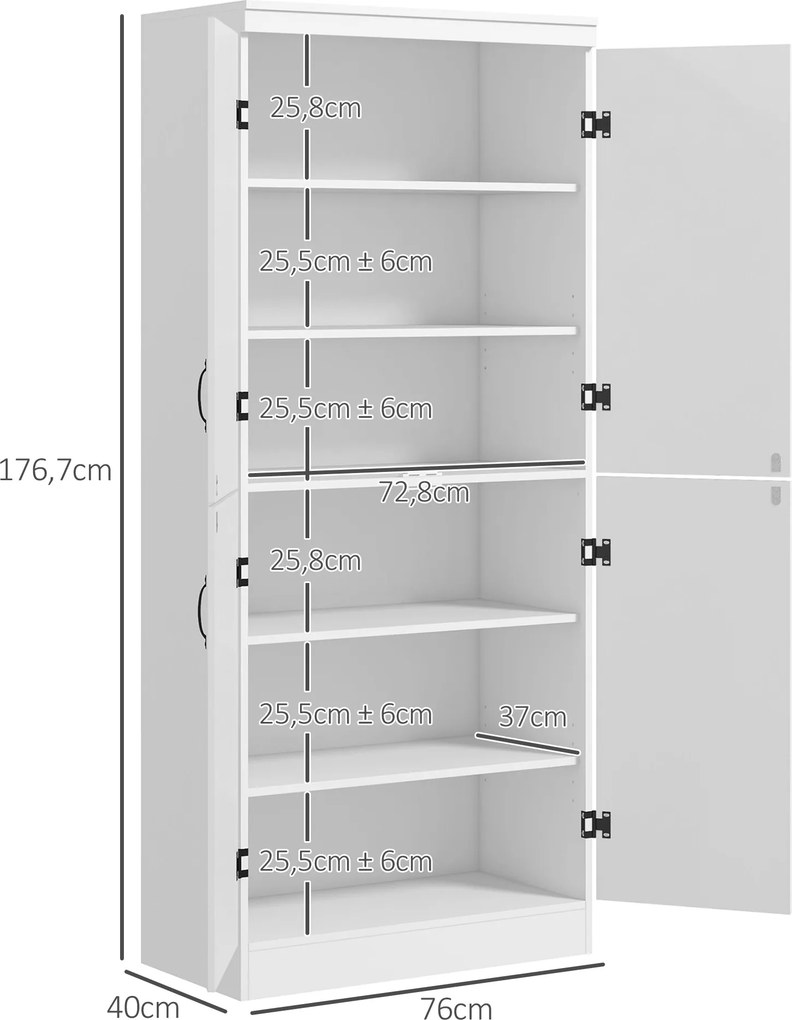 HOMCOM Skříňka do kuchyně a jídelny s 4 dvířky a 6 policemi, moderní styl 76 x 40 x 177 cm, bílá