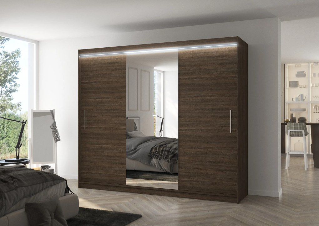 ADRK Furniture Posuvná skříň se zrcadlem a LED osvětlením DENIS 250 SW-DEN-CH-250+L-V364