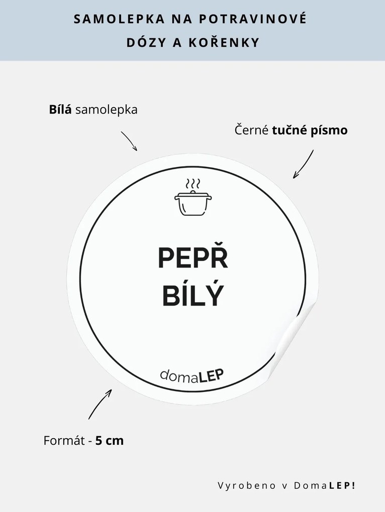 Samolepka na kořenky PEPŘ BÍLÝ bílá 5 cm tučné písmo