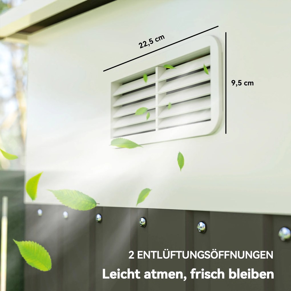 Outsunny přístřešek 8.9 ㎡ Ocelový zahradní přístřešek s jednoplášťovou střechou a posuvnými dveřmi, větrací otvory, 280x345x201cm, šedý