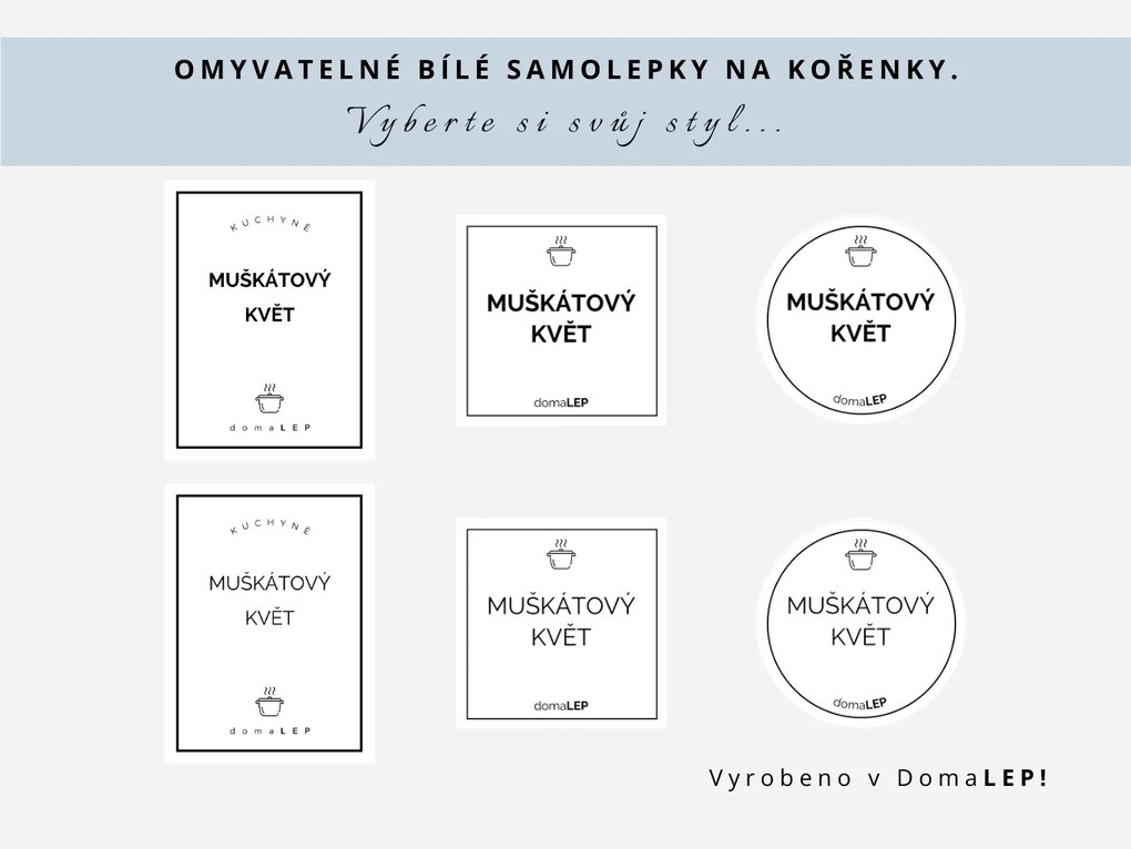 MUŠKÁTOVÝ KVĚT - omyvatelná samolepka na kořenky, výběr rozměrů Ø 5 cm / 5 x 5 cm / 6 x 8 cm | DomaLEP tvar: KOLEČKO, barva: BÍLÁ - ČERNÉ písmo, velikost: Ø 5 cm - tučné písmo