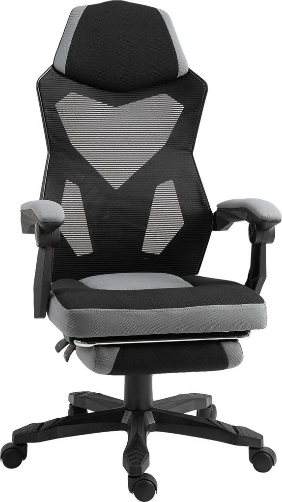 Herní kancelářská židle Vinsetto s nastavitelnou výškou, otáčecími kolečky a podnožkou, síťovina, 58L x 63W x 112-122H cm, šedá a černá