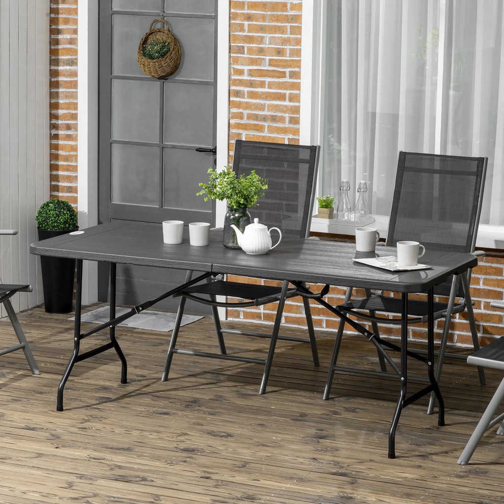 Outsunny skládací zahradní stůl pro 6 osob, bufetový stůl s ocelovým rámem, terasový stůl vzhled dřeva 180 x 75,5 x 73 cm, tmavě šedý