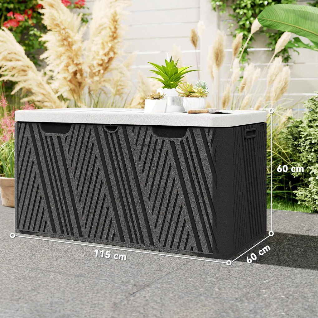 Outsunny 380L zahradní úložná lavice s plynovým pístem a 2 bočními držadly, voděodolná HDPE zahradní úložná sedačka, UV ochrana, 115x60x60 cm, černá …