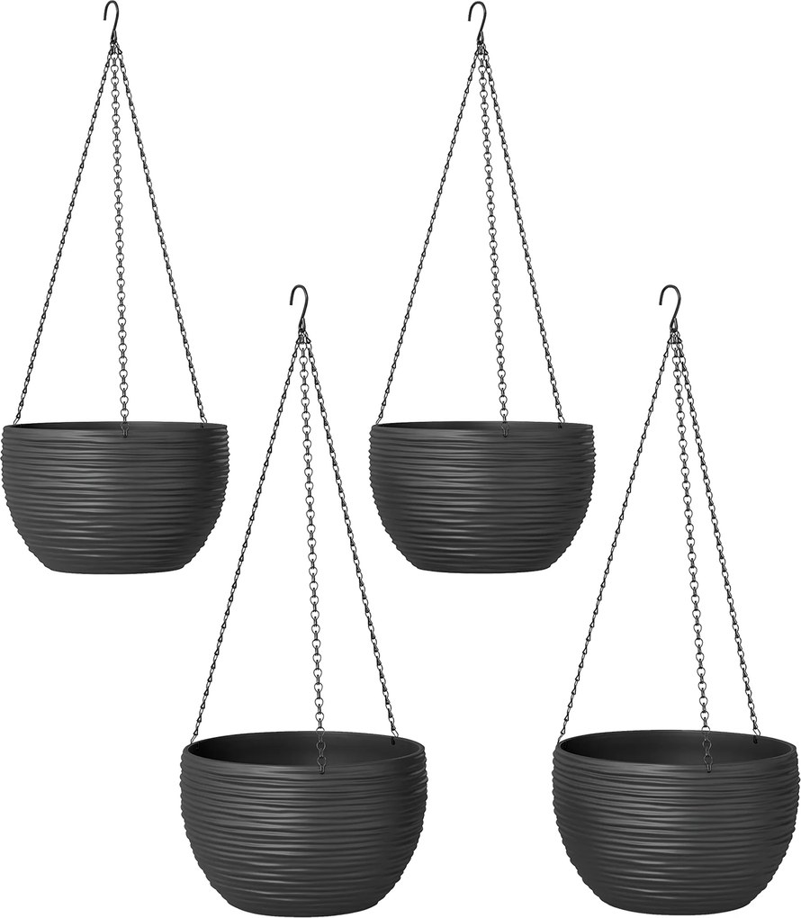 Květináče pro venkovní a pokojové rostliny, samozavlažovací, závěsné květináče s kovovými řetězy, 4 kusy, černá barva