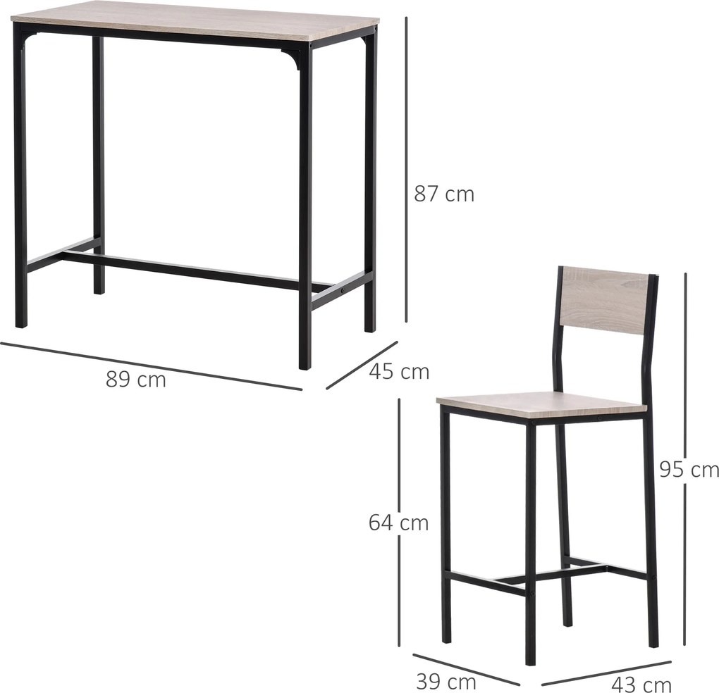 HOMCOM Barový stůl se 2 židlemi 3-dílná stolová sestava barová židle MDF v přírodní a černé barvě 89x45x87cm do kuchyně a jídelny | Aosom.de