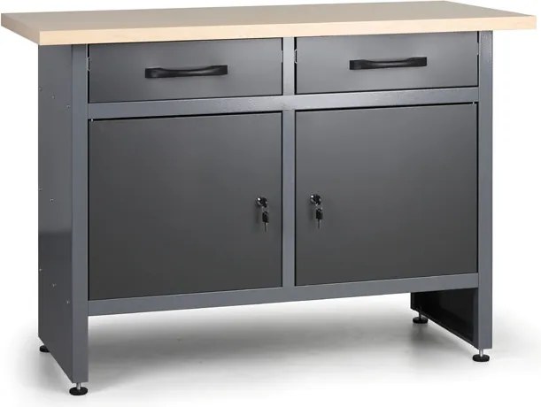 Pracovní stůl do dílny G1, 840 x 1200 x 600 mm, 2 zásuvky, 2 skříňky
