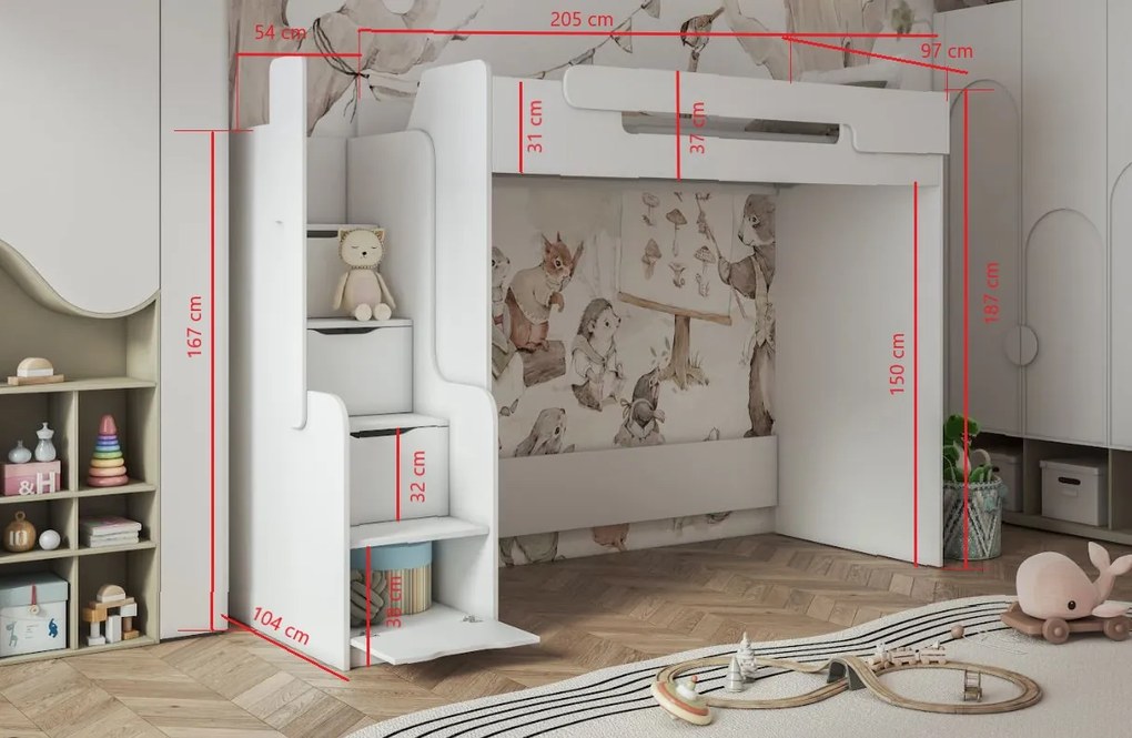 Dětská vyvýšená postel DORIAN - 200x90 cm - bílá