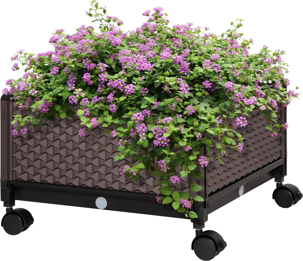 Outsunny Plastový Květináč na Kolečkách s Odtokovými Otvory pro Pěstování Rostlin na Terase 50x50x33 cm Hnědý | Aosom