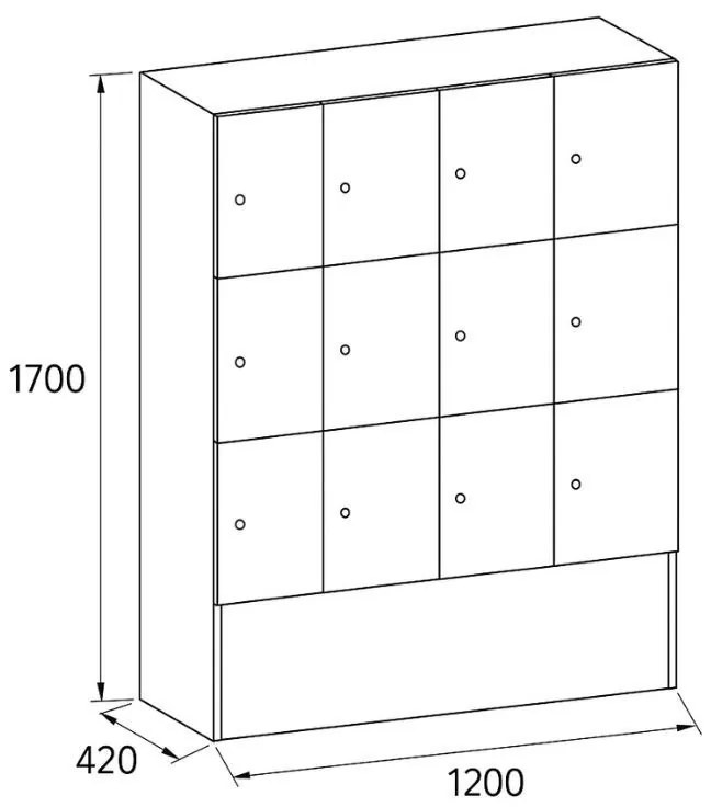 Dřevěná odkládací skříňka S5 s úložnými boxy, 12 boxů, 1700 x 1200 x 420 mm, cylindrický zámek, bříza