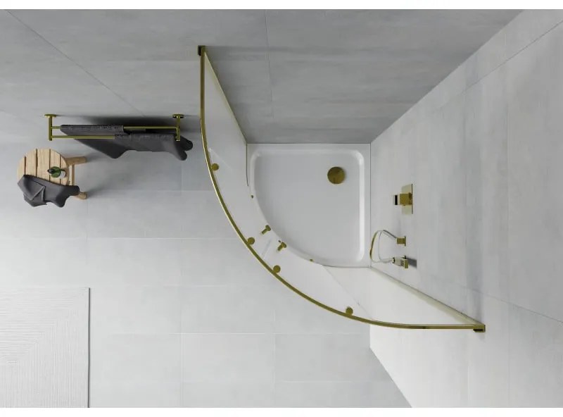 Mexen Rio, čtvrtkruhový sprchový kout 90(dveře)x90(dveře)x190 cm, 5mm sklo námraza, zlatý profil + bílá sprchová vanička SLIM, 863-090-090-50-30-4110G