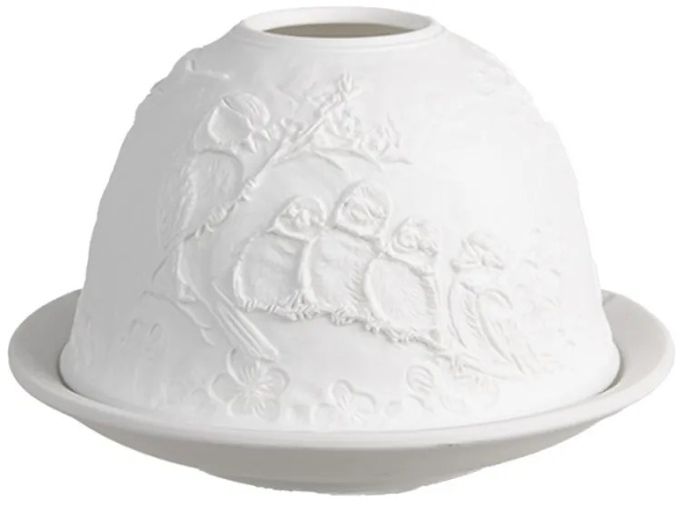 Bílý porcelánový svícen na čajovou svíčku s ptačí rodinkou a kytičkami – 12x8 cm