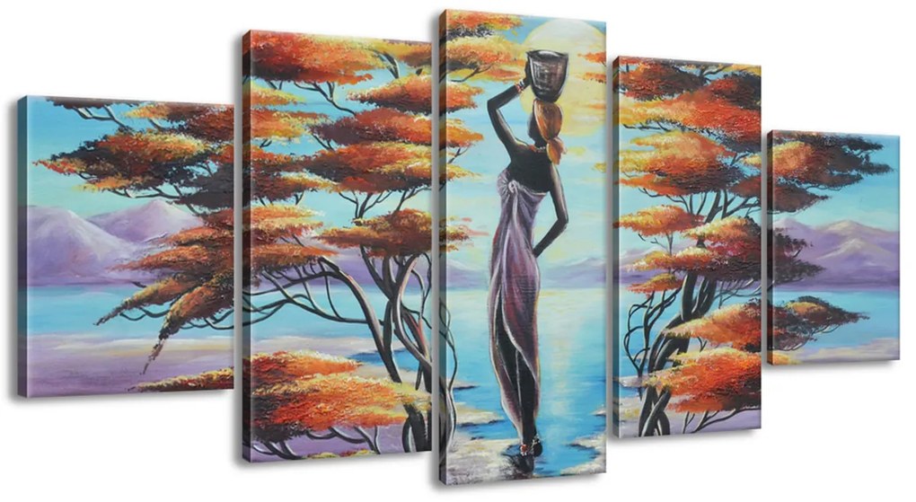 Gario Ručně malovaný obraz Africká žena s košíkem - 5 dílný Rozměry: 100 x 70 cm
