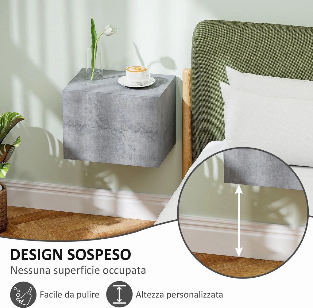 HOMCOM Sada 2 nástěnných nočních stolíků se 2 zásuvkami, noční stolky do ložnice, úsporné postranní stoly do obývacího pokoje, 40x29x30 cm, šedý ceme…