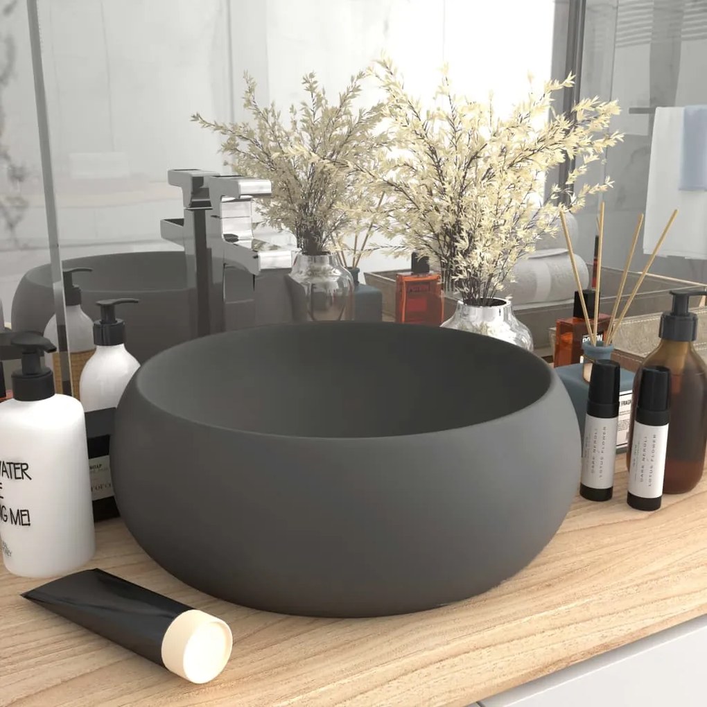 Luxusní umyvadlo kulaté matné tmavě šedé 40 x 15 cm keramické 147005