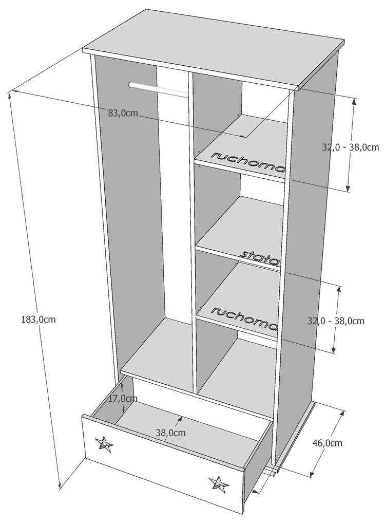 BabyBeds Dětská skříň - kolečka Barevné provedení: Olše 183 cm x 46 cm x 47,5 cm