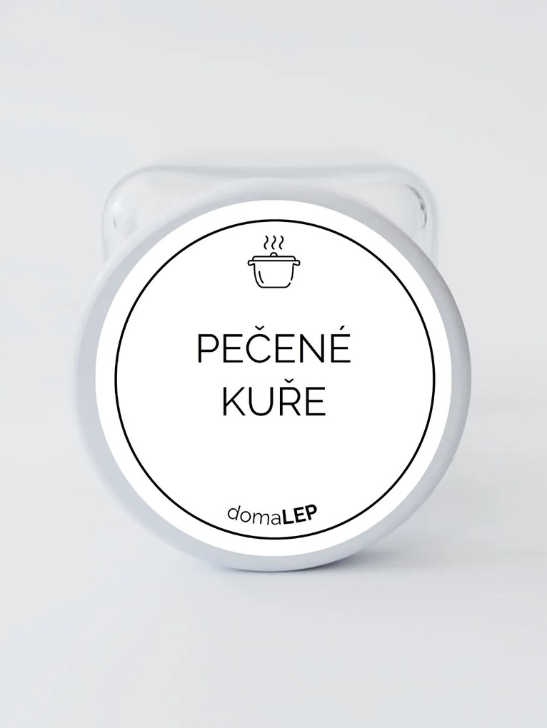 Samolepka na kořenky PEČENÉ KUŘE bílá 5 cm základní písmo