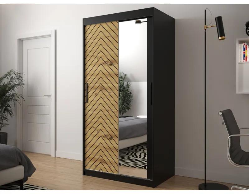 Posuvná skříň se zrcadlem Ratintu 2 100 cm, Úložný prostor: ne, Barva: dub artisan / dub artisan + černá
