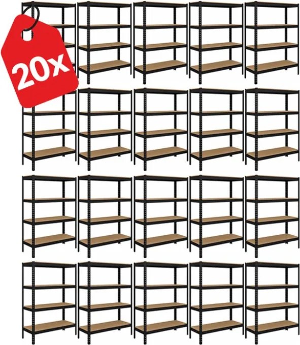 Akce 20x Regál 150x70x30 cm lakovaný 4-policový, nosnost 700 kg - černý