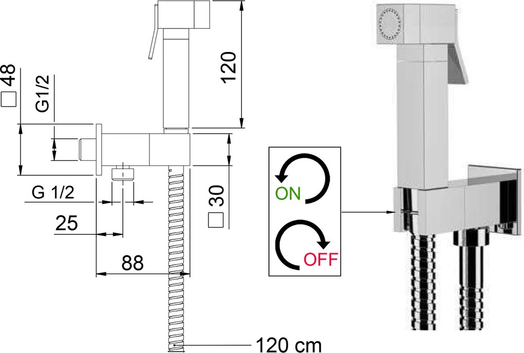 Sapho, Nástěnný ventil s ruční bidetovou sprškou a bezpečnostní pojistkou,hranatý,chrom, DB108