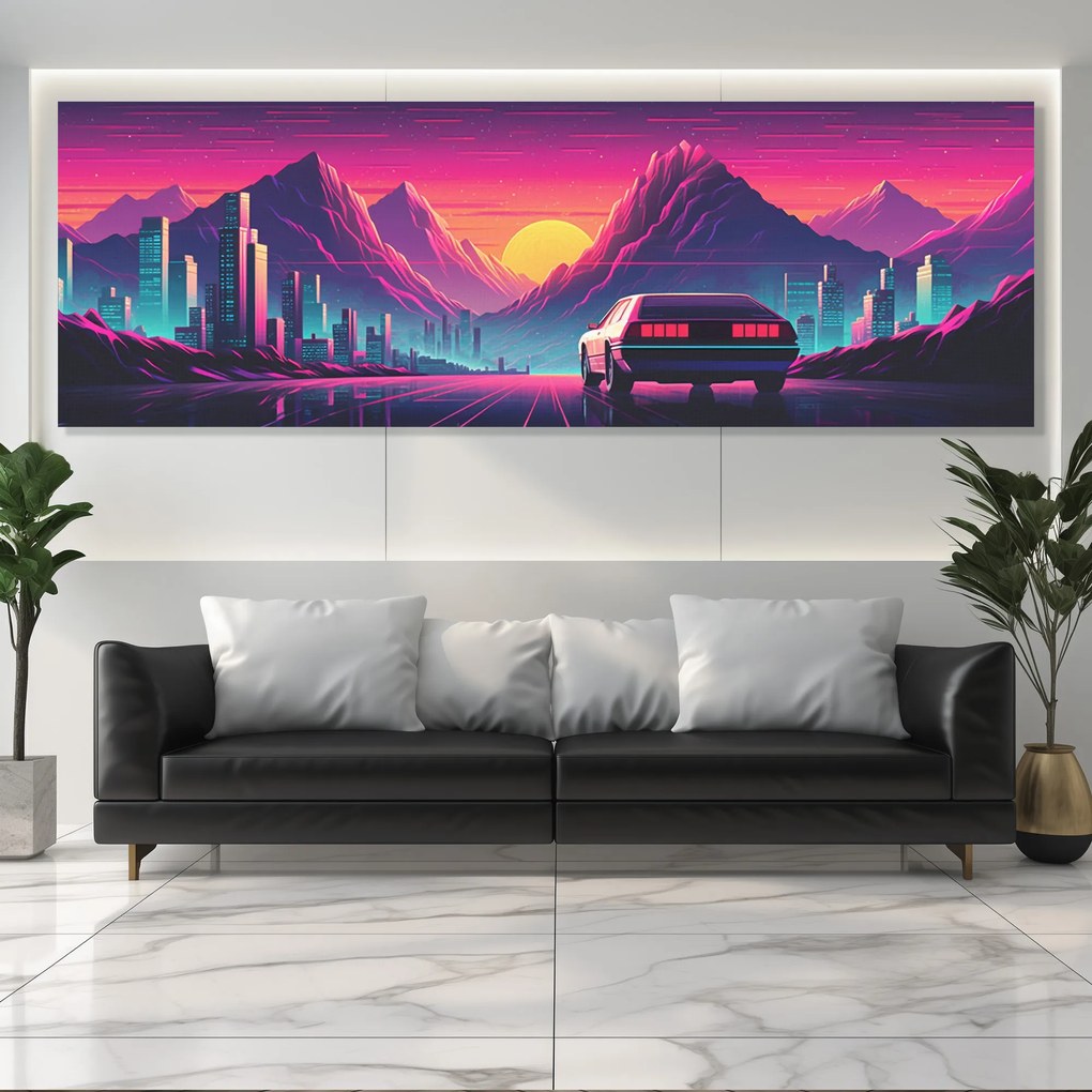 Obraz na plátně - Retro futuristické město s horami a autem FeelHappy.cz Velikost obrazu: 120 x 40 cm