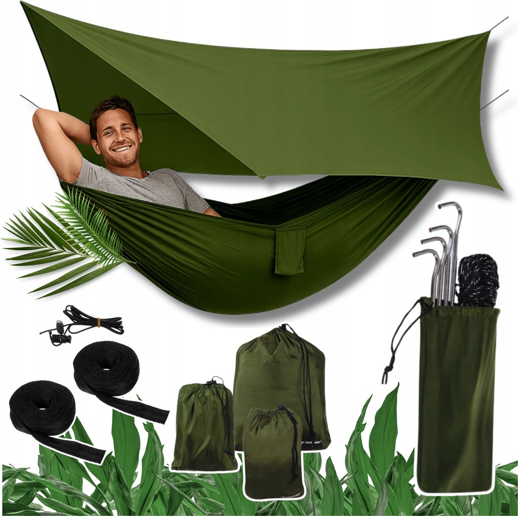 Turistická houpací síť s moskytiérou Tarp 2-místná 260×140 cm khaki 250 kg