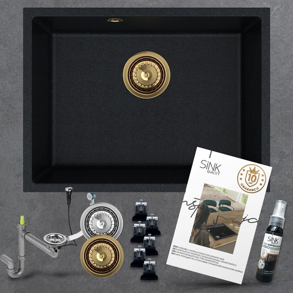Sink Quality Crypton 60, kuchyňský granitový dřez 535x400x205 mm + chromový sifon, černá skvrnitá, SKQ-CRY.B.1KBO.60.X
