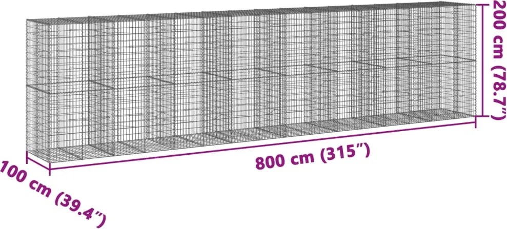Gabionový koš s víkem 800 x 100 x 200 cm pozinkované železo 3295239