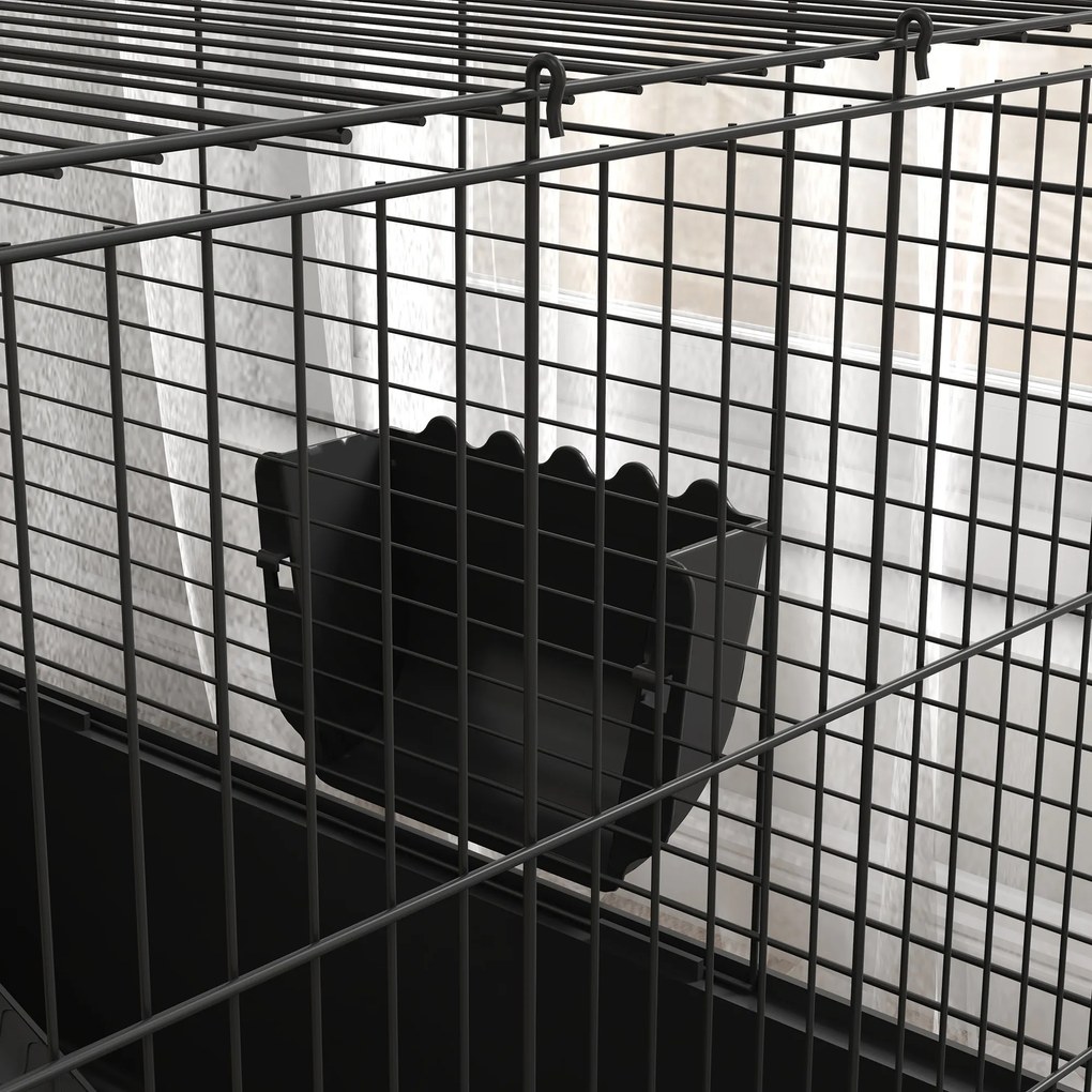 Bouda PawHut pro malá zvířata s výběhem, 112,5L x 99W x 54H cm, s lahví na vodu, krmítkem, miskou na krmení, pro malá zvířata, ocel, černá
