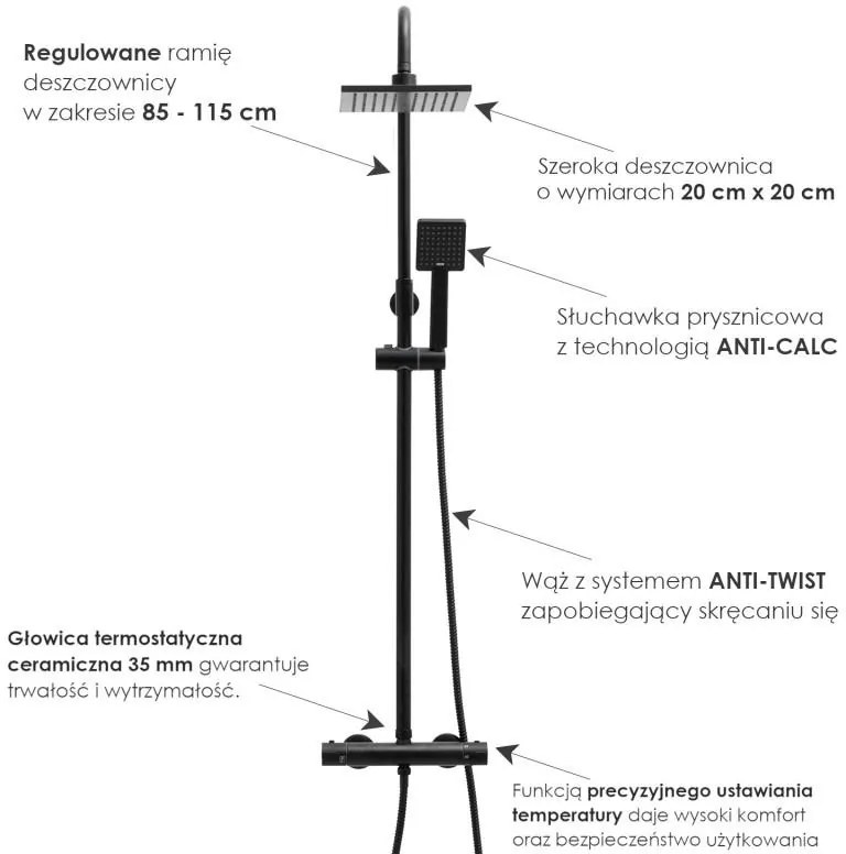 Erga Flova, sprchová souprava s termostatickou baterií a dešťovou hlavicí 20x20cm, černá matná, ERG-YKA-BP.FLOVA THERM 20 BLK