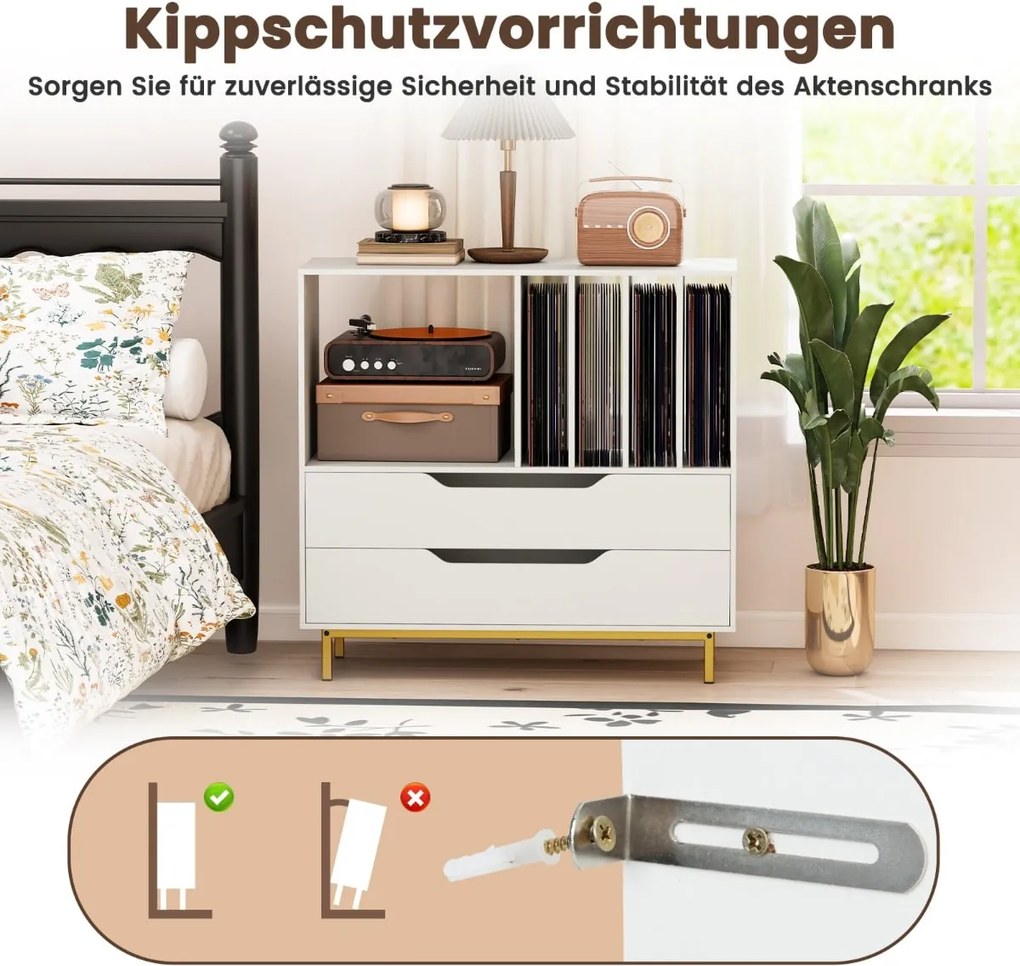 Costway Stojan na gramofon s 4 vinylovými přihrádkami a 2 zásuvkami Retro
