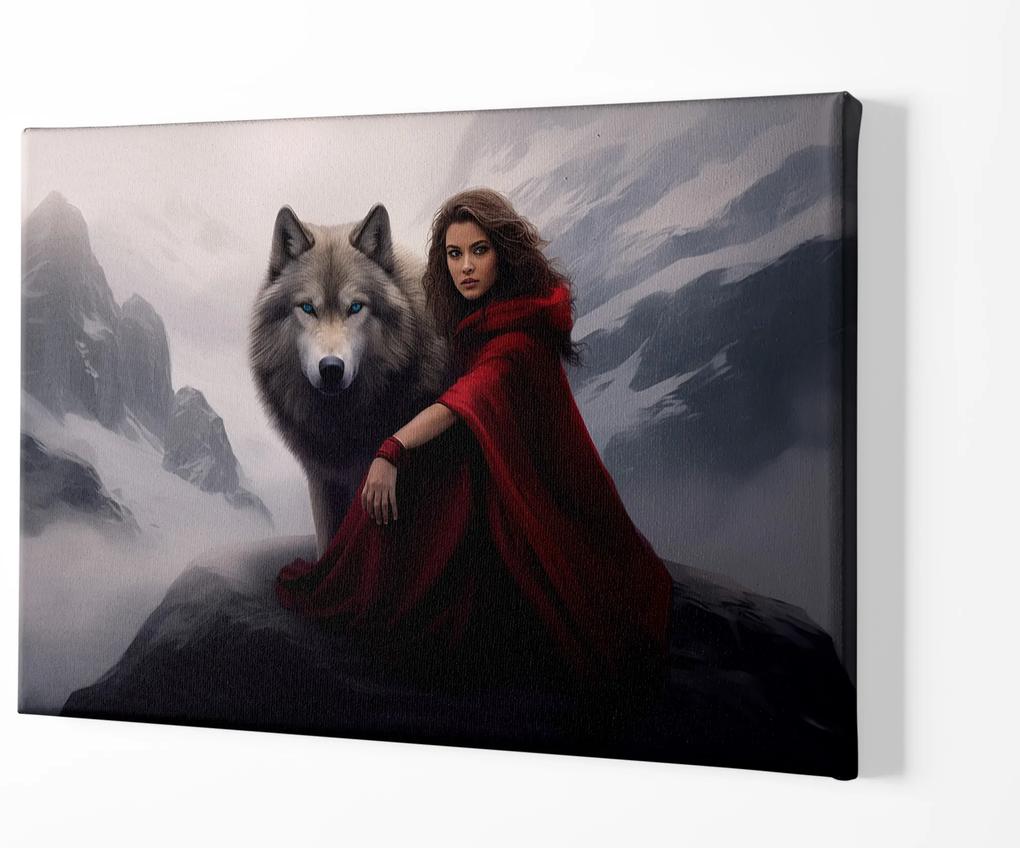 Obraz na plátně - Dívka s vlkem v horách, fantasy FeelHappy.cz Velikost obrazu: 150 x 100 cm