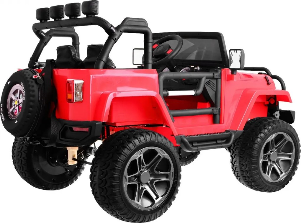 Ramiz Dětské terénní auto Monster Jeep 4x4 červené + dálkové ovládání + nastavitelné sedadlo + MP3 LED + zavazadlový prostor + batoh