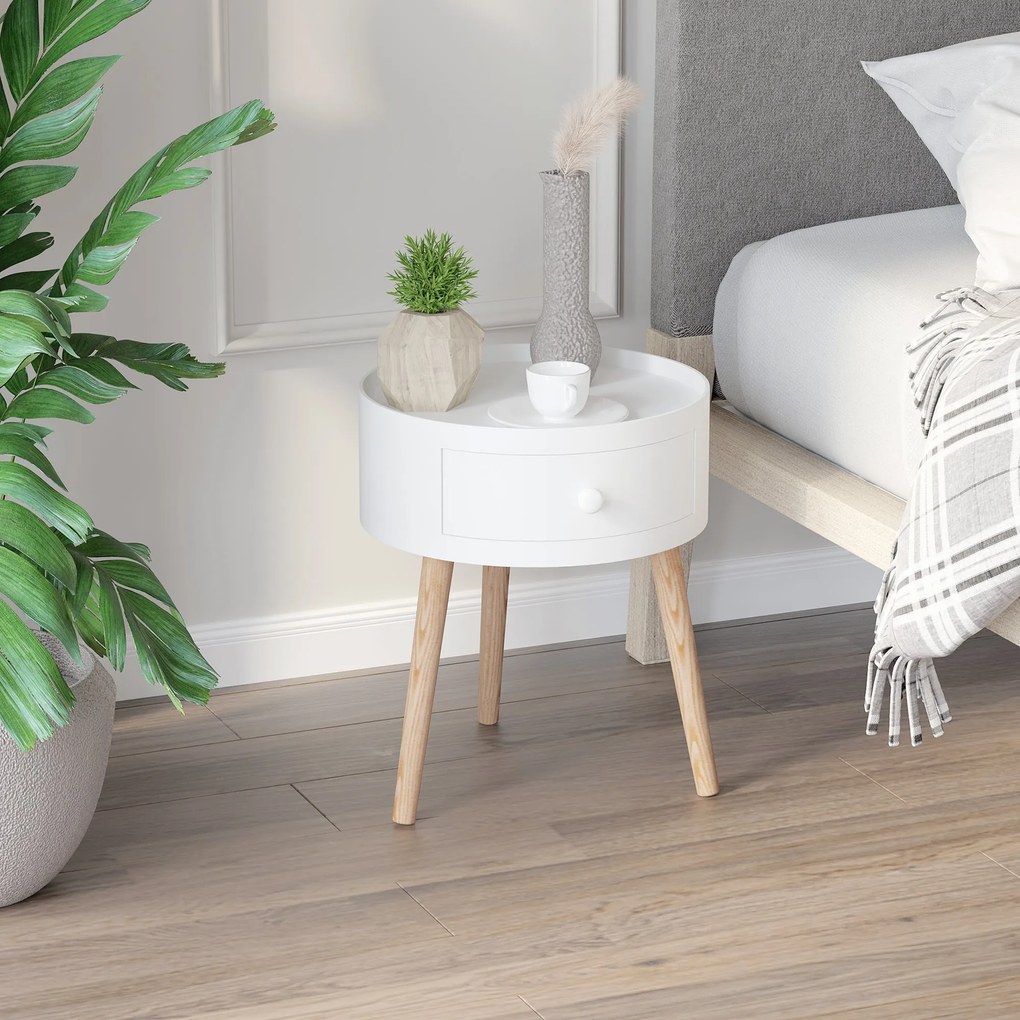 Noční stolek HOMCOM s 1 šuplíkem, kulatý stolek se zvýšeným okrajem a 3 dřevěnými nohami pro moderní styl ložnice a obývacího pokoje Ø38x45 cm Bílý |