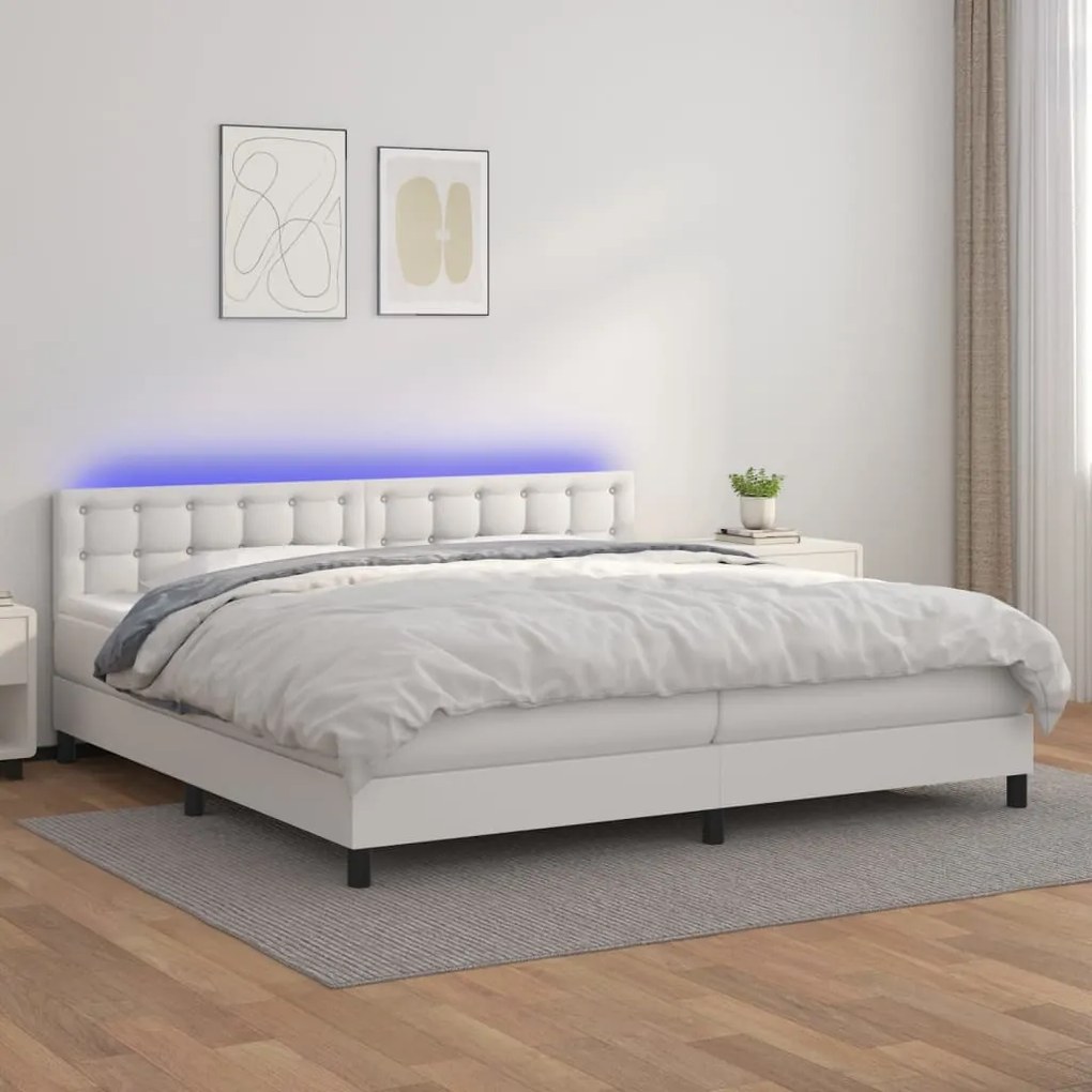Box spring postel s matrací a LED bílá 200x200 cm umělá kůže