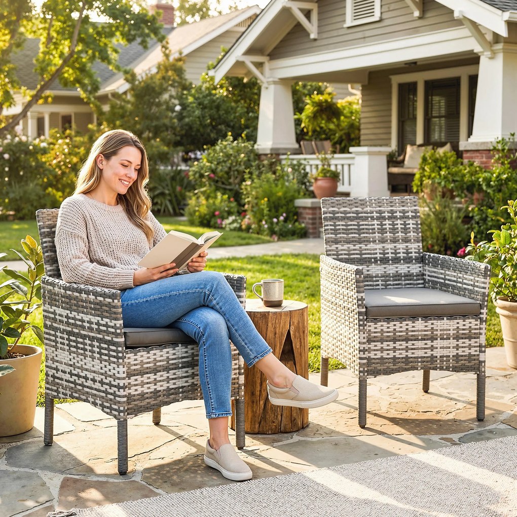 sada 2 zahradních židlí Polyratanový zahradní nábytek se 2 křesly Odnímatelné polštáře Ocelový rám Šedá barva
