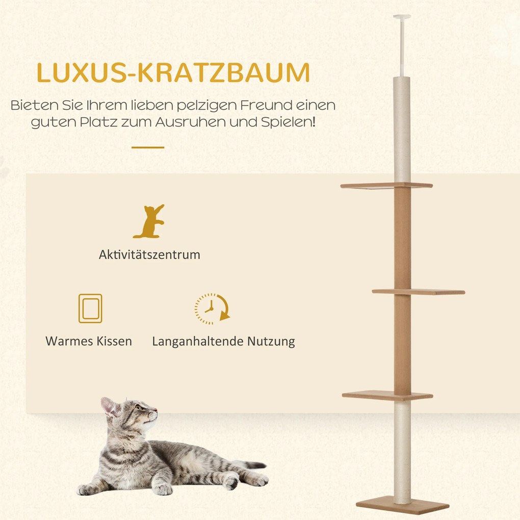 PawHut škrabadlo stropní vysoké 228-260 cm výškově nastavitelný šplhací strom pro kočky strom na hraní v khaki barvě
