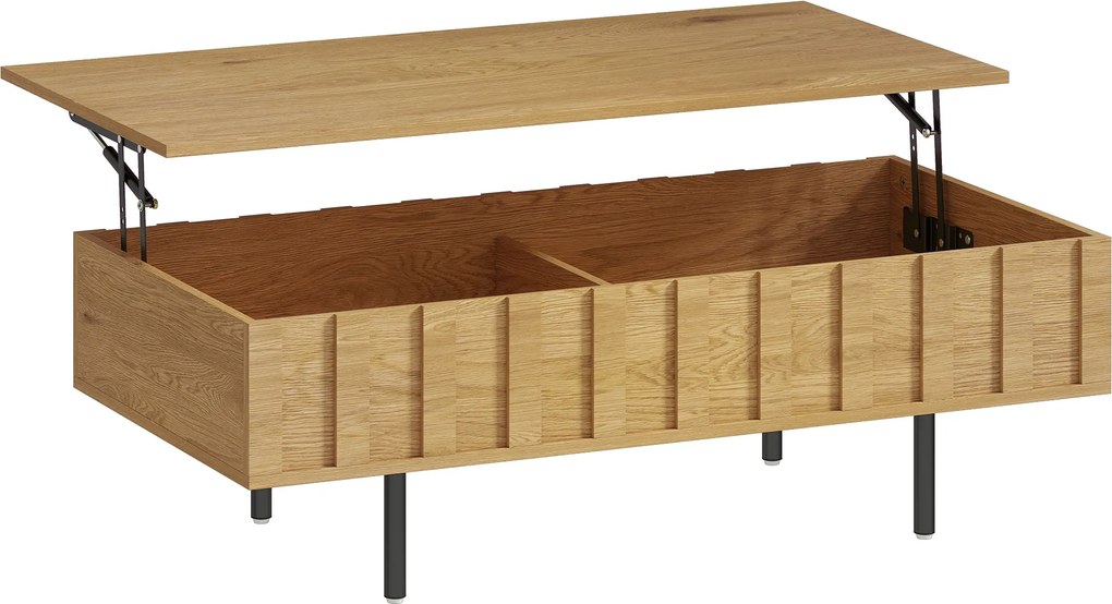HOMCOM Sklápěcí konferenční stolek se 2 skrytými přihrádkami a žebernými stranami, mid-century-modern styl, 110x55x36,5 cm, dub