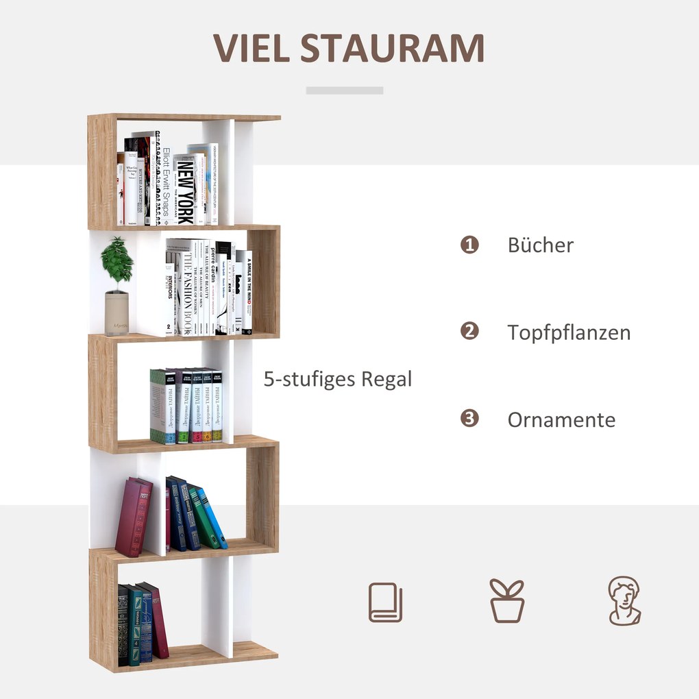 HOMCOM 5-patrová knihovna Dřevěný regál S-tvarovaný Moderní design pro obývací pokoj a kancelář 60x24x184,5 cm Bílá a dřevo