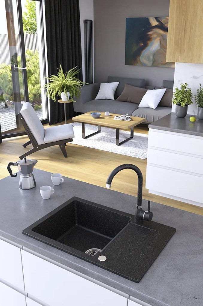 Kuchinox Celebes, 1-komorový granitový dřez 650x440x185mm s krátkým odkapávačem, černá, LAV-SBL_713T