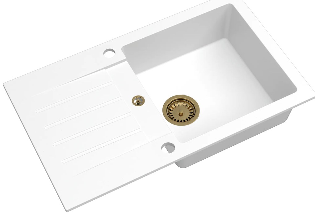 Sink Quality Natalie, kuchyňský granitový dřez 770x450x170 mm + zlatý sifon, bílá, SKQ-NAT.W.1KDO.XG