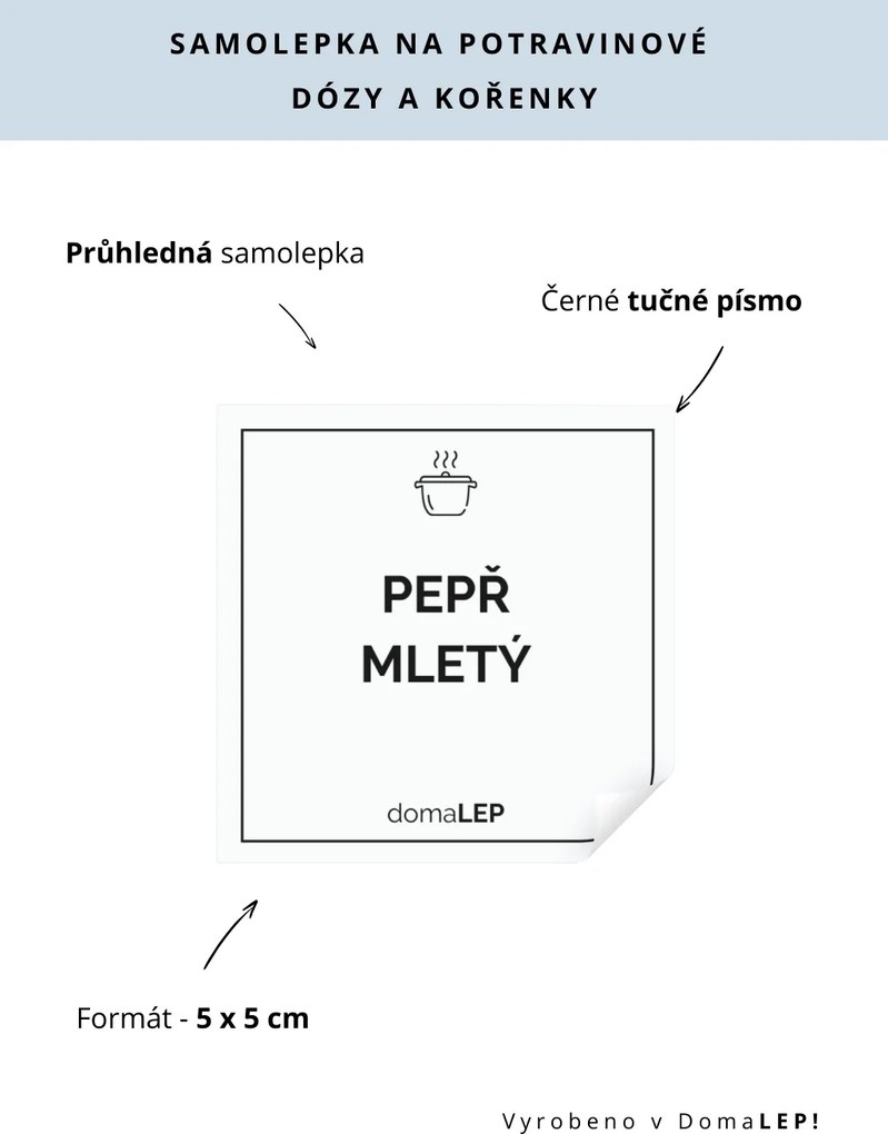 Samolepka na kořenky PEPŘ MLETÝ průhledná 5 × 5 cm tučné písmo