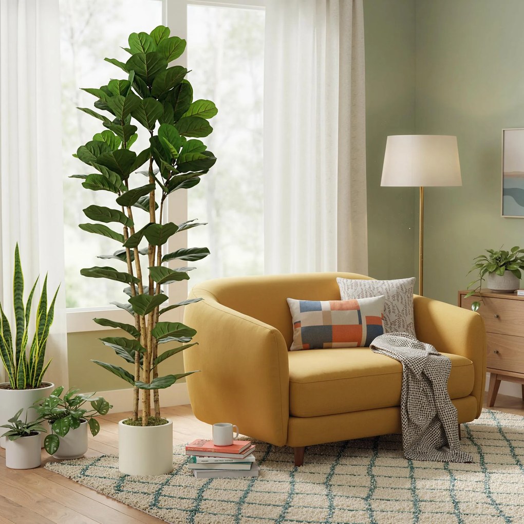 HOMCOM umělý fíkovník (Fiddle Leaf Fig), 180 cm, 91 listů, kmen z masivního dřeva, v květináči — realistická plastová rostlina do obýváku, ložnice, k…