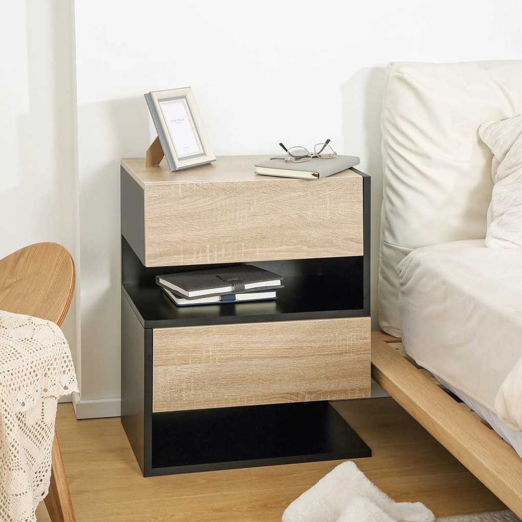 HOMCOM Sada 2 floating nočních stolků se zásuvkou a otevřenou poličkou do ložnice 46x30x30 cm Dub a černá | Aosom