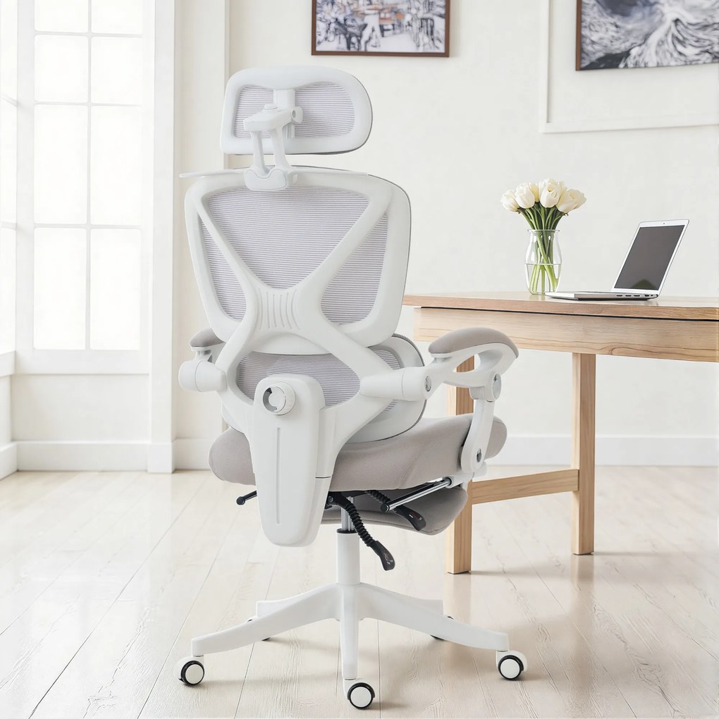 HOMCOM Kancelářská židle, ergonomická židle k psacímu stolu s opěrkou nohou, houpací funkcí, opěrkami rukou, síťovina, šedá