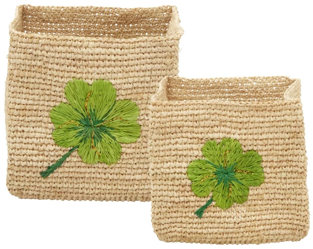 rice Úložný košík Raffia Square Clover - set 2 ks, zelená barva, přírodní barva