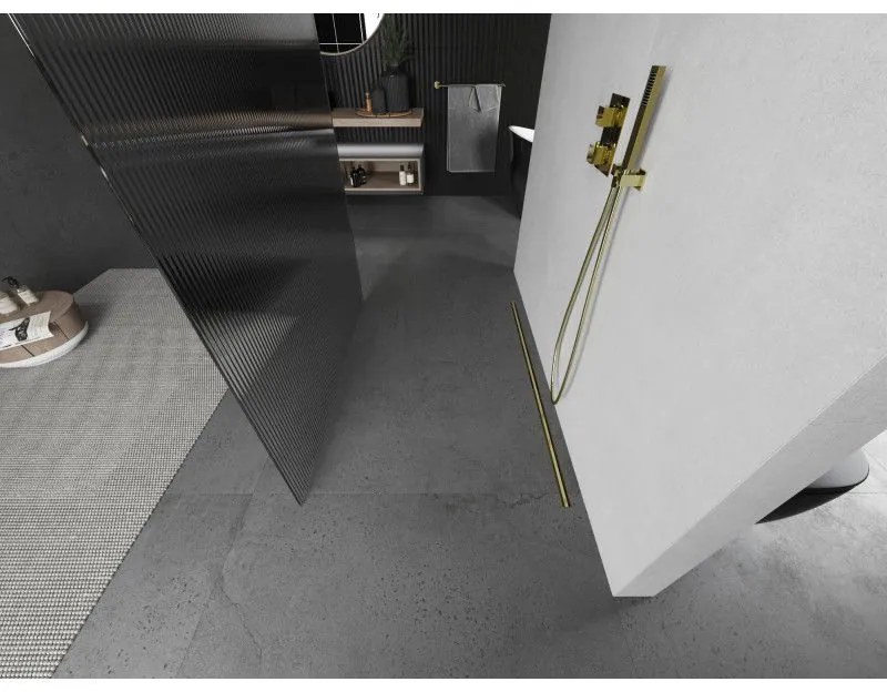 Mexen Kioto, sprchová zástěna Walk-In 100 x 200 cm, 8mm sklo s žebrovým vzorem, zlatý matný profil, 800-100-002-55-09