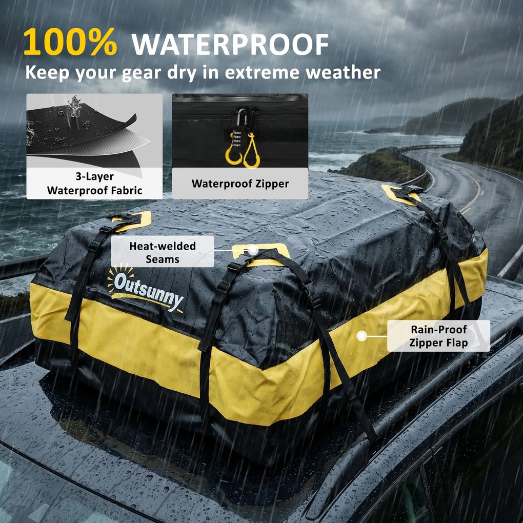 Outsunny Vodotěsný střešní box na auto 425L pro střechy vozidel s/bez střešního nosiče, kufrový box s 8 zesílenými popruhy, háčky dveří, žlutá