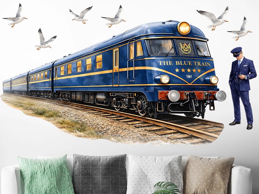 Vlak The blue train textilní přelepitelné samolepky na zeď arch 75 x 42 cm